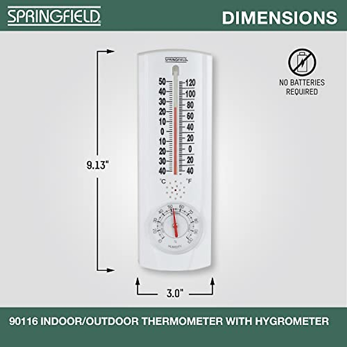 Springfield Vertical Thermometer and Hygrometer, Indoor Outdoor Thermometer, Wireless Humidity Meter for Patio, Garden, or Nursery areas (9.125-Inch)