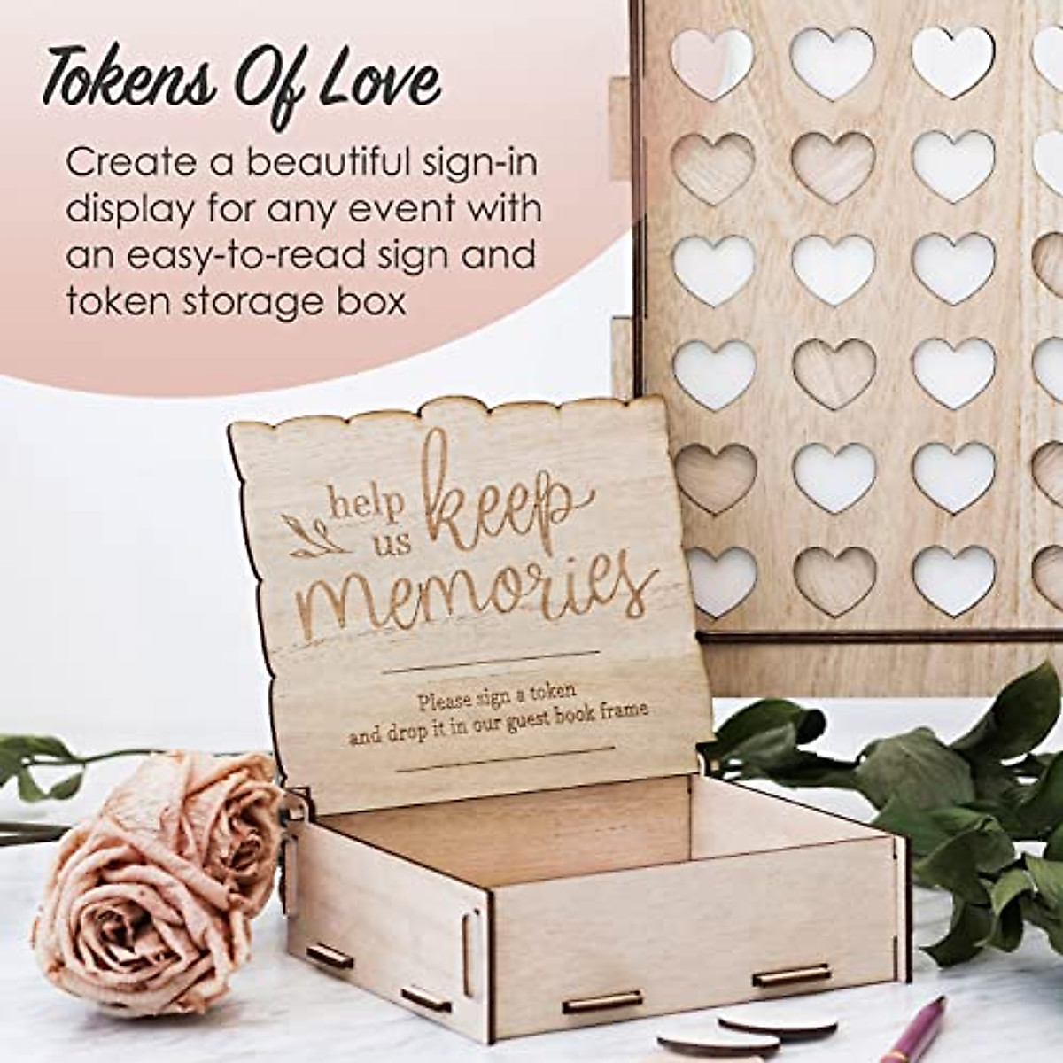 J&A Homes Wedding Guest Book Alternative - Rustic Wedding Decorations, Creative Guestbook Board - Wooden Box and Memory Box for Wedding Decor - Wooden Hearts Wedding Favor (54 Slots)
