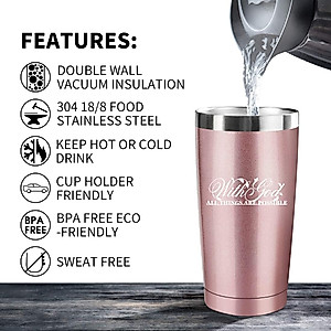 ATHAND With God All Things Are Possible Inspirational Tumblers with Lid & Straw 20 Oz | Insulated Stainless Steel Vacuum Wine Tumbler Coffee Mug | Best Christian Religious Gifts For Women (Rose Gold)