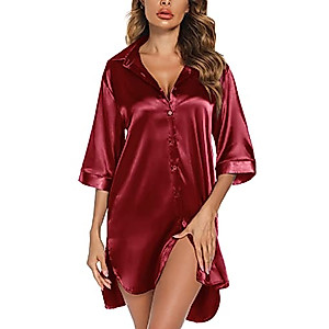Leikar Silk Nightgown For Women Satin Slik Pajamas Sleep Shirts Wine Red