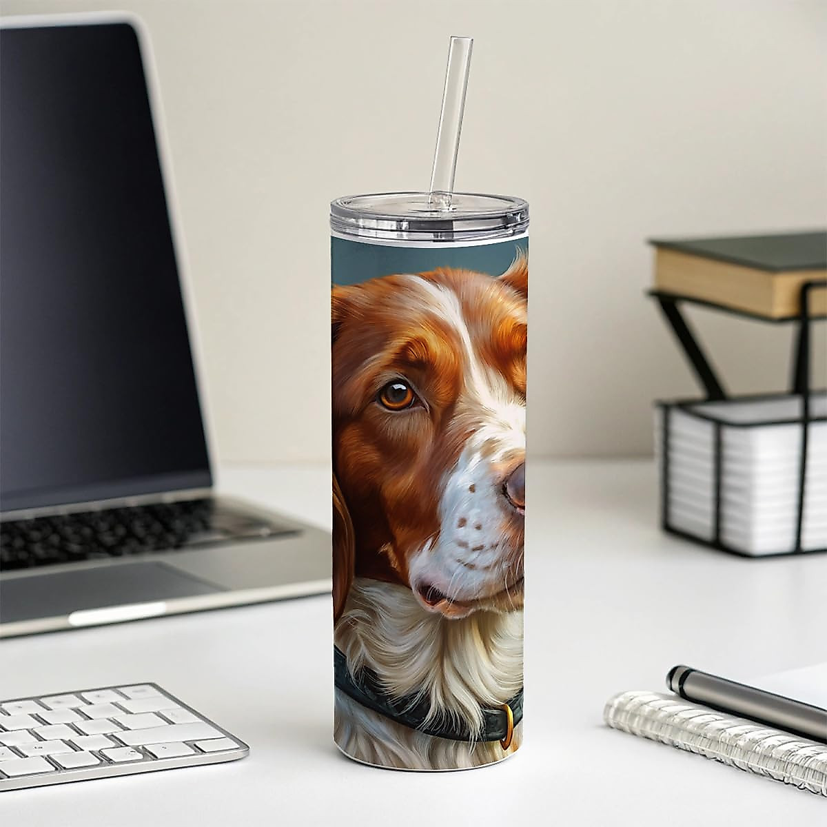 Brittany Spaniel Dog Illustration Skinny Tumbler 20oz with Straw Insulated Water Bottle Gift