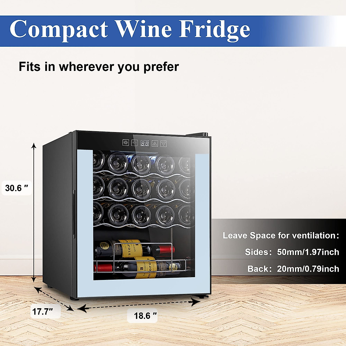 Vaykold Wine Refrigerator 19 Bottle Wine Cooler, Beverage Refrigerator Quiet Operation & LED Light Mini Fridge Glass Door, Wine Cellar for Beer, Red, White, Champagne or Sparkling Wine - Blue&gray