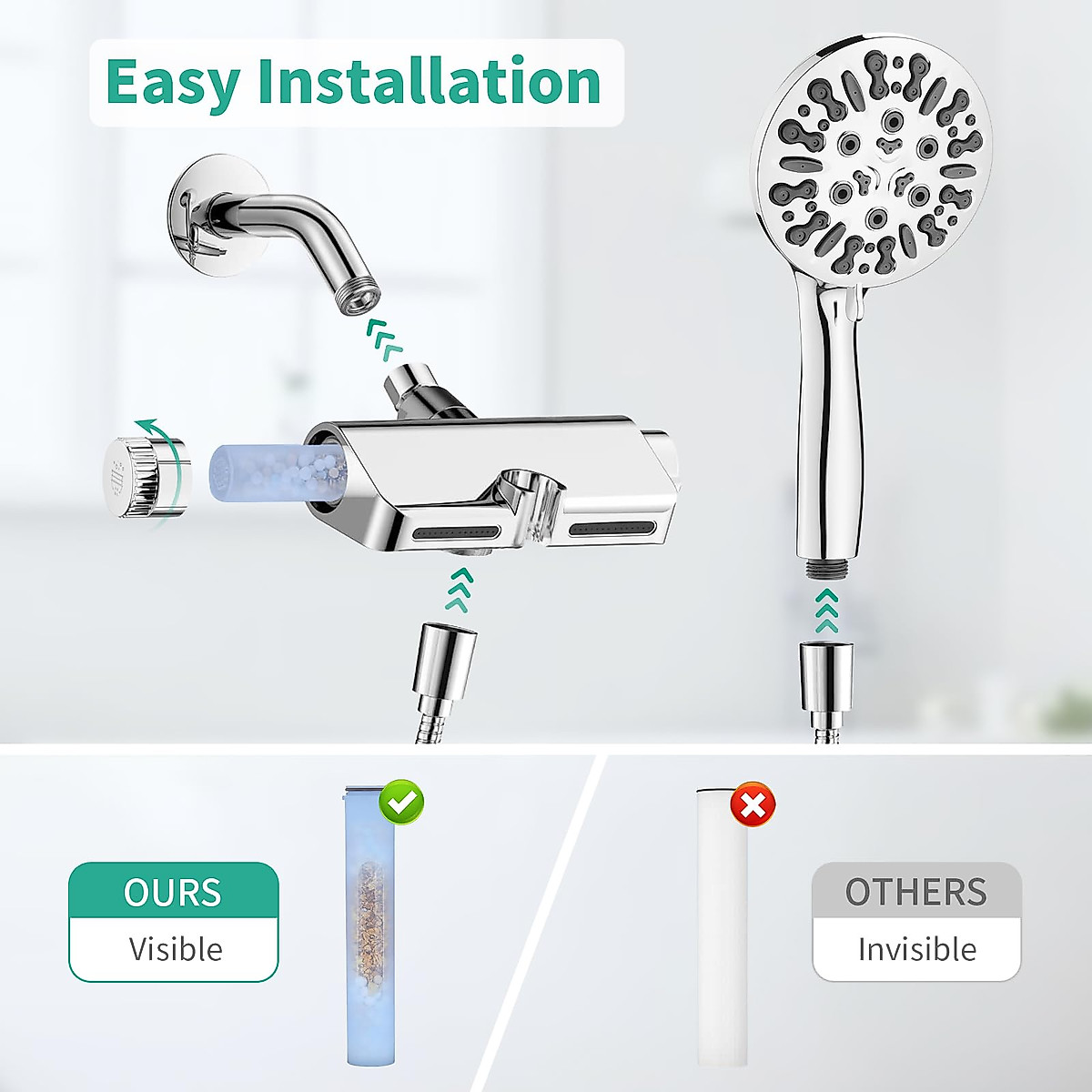 HEROBAI Filtered Shower Head with Handheld Combo, Hard Water Filter Shower Head with 9 Shower Modes, Dual Shower Heads High Pressure, Shower Filters to Remove Chlorine and Fluoride (Chrome)
