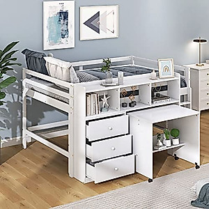VilroCaz Full Size Low Loft Bed with Rolling Portable Desk and Drawers, Multiple Functions Wood Loft Bed Frame with Storage Shelves for Kids Teens, Sturdy Slats Support (White-Full)