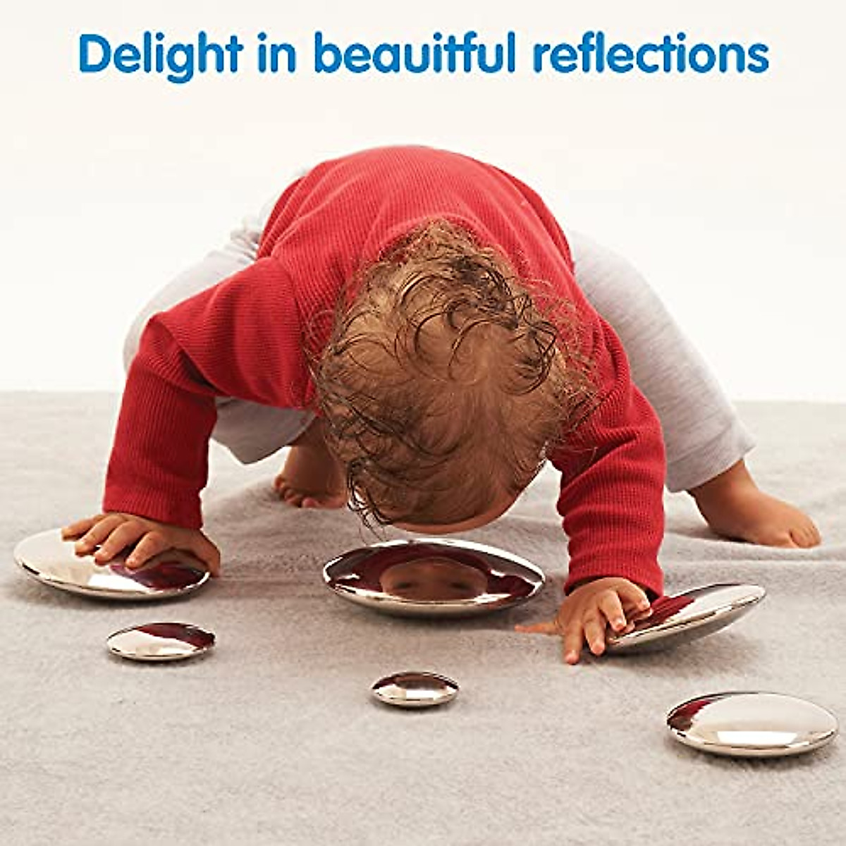 TickiT Sensory Reflective Silver Buttons - Set of 7 - Mirrored Discs for Babies and Toddlers Aged 0+ – Stainless-Steel, Sensory Stacking Pebbles - Stunning Nursery Decor