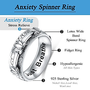 Ladytree Lotus Anxiety Relieve Spinner Rings Just Breathe Yoga Flower Fidget Ring Wide Band Oxidized Sterling Silver ADHD Stress Relieving Ring for Women(7)