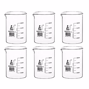 EISCO 6PK Beakers, 1000mL - Low Form with Spout - White, 100mL Graduations - Borosilicate Glass