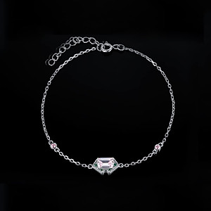 JewelryPalace Geometric Emerald Cut Pink Cubic Zirconia Adjustable Link Bracelet for Women, Art Deco 14k White Gold Plated 925 Sterling Silver Bracelet for Her, CZ Gemstone Jewelry Set