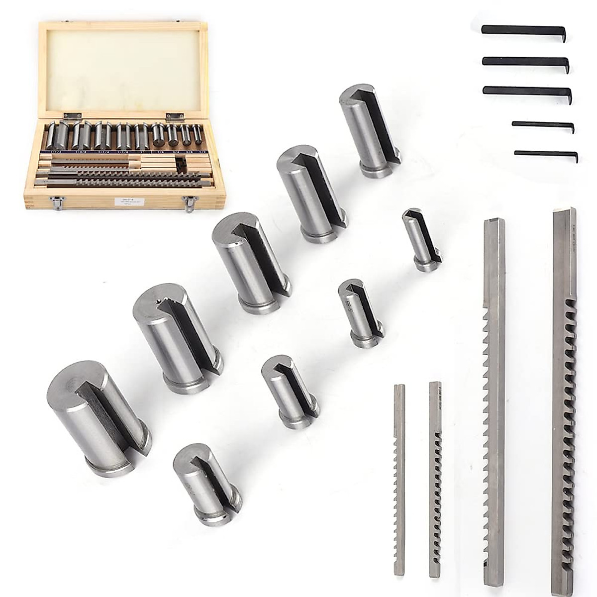 18Pcs Keyway Broach Kit Inch Size, HSS Keyway Broach Kit Ferrule Bushing Gasket Set Metal Process 4 Broaches 9 Collared Bushings 5 Shims with Wooden Box
