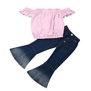 preetyyou Toddler Baby Girl Clothes Off Shoulder Tube Top Shirt Bell Bottom Jeans Pants Summer Outfits (Pink, 1-2T)