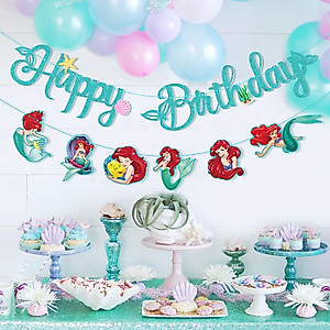 Little Mermaid Birthday Banner, Mermaid Ariel Birthday Banner, Mermaid Birthday Party Supplies Decorations for Girls Boys Birthday Party Baby Shower Cartoon Sign Decorations