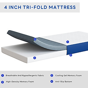 SogesSleep Tri-Fold Memory Foam Mattress, 4 inch Portable Floor Mattress Twin Size, Folding Mat for Travel & Camping & Yoga, Cover Washable Foldable Mat, CertiPUR-US Certified