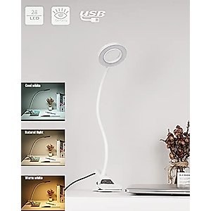 EYOCEAN LED Clip on Light Reading Light, USB Eye-Care Reading Light for Headboard, 3 Modes & 10 Dimming 7W Clamp Desk Lamp, 360°Flexible Gooseneck Night Light(Adapter Included), White