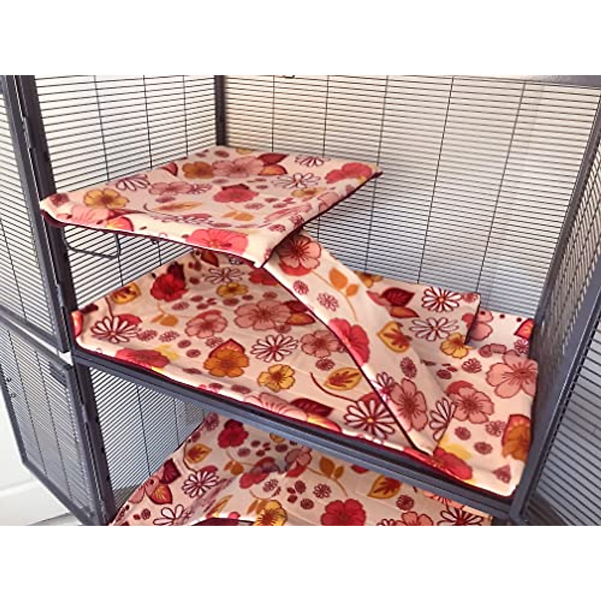 Handmade Fleece Cage Liners for Midwest Double Critter/Ferret Nation, Full set 7-pieces, Rats, Ferrets, Chinchillas, other small animals (Fall Floral on Pink, Maroon)