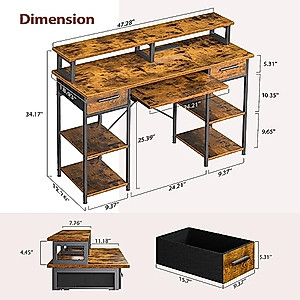 Uliyati 47 Inch Computer Desk with LED Lights & Power Outlets, Home Office Desks with Keyboard Tray & Drawers, PC Gaming Desk with Monitor Shelf & Storage Shelves, for Home Office Studio -Rustic Brown