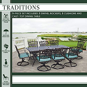 Hanover Traditions 9-Piece Outdoor Patio Dining Set with Rust-Free Cast-Top Aluminum Rectangular Dining Table and 8 Swivel Rockers, and Weather-Resistant Plush Blue Cushions