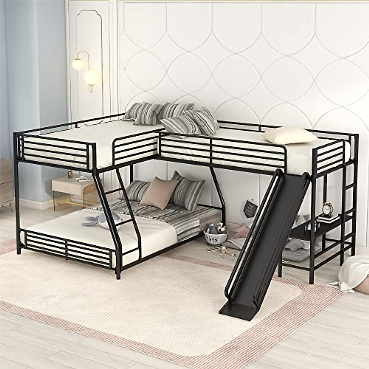 DEYOBED Twin Over Full L-Shape Bunk Bed with Slide and Built-in Desk, Metal Triple Bunk Bed for Kids Teens Boys Girls, No Box Spring Needed, Black