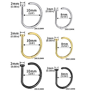 VOJO G23 Titanium 20G Nose Rings Hoops L Shaped Screw Nose Studs Diamond Small Piercing Jewelry for Women Men (D Nose Hoop Silver Gold Black,20G 8mm+10mm)