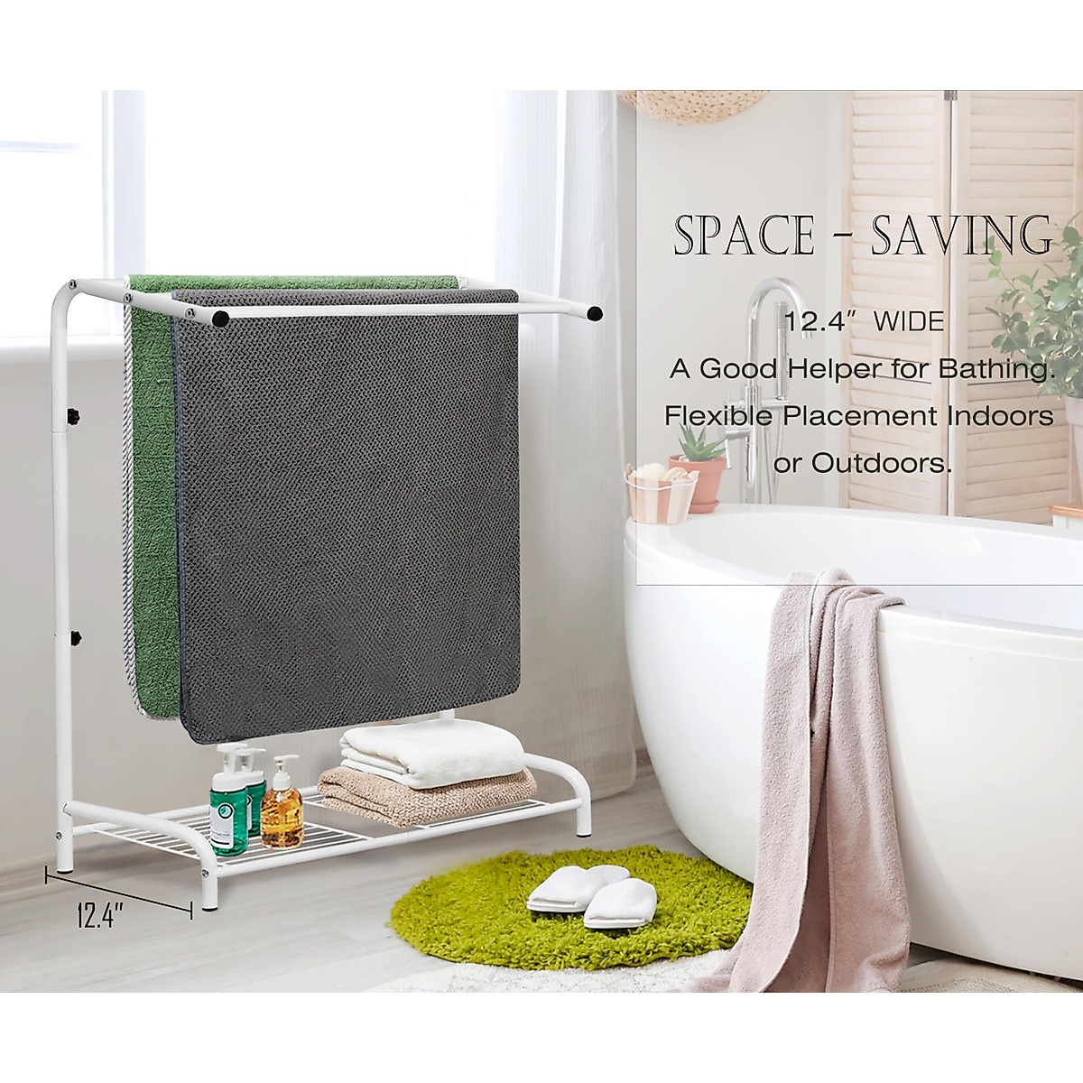 VSUINGO Freestanding Towel Rack, 32" L x 37.8" H for Oversized Bath Towels, Hand Towels Stand, Adjustable Height, 3-Tier Clothes Drying Holder with Storage Shelf for Bathroom, Aisle, Pool (White)