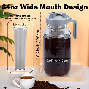 Cold Brew Coffee Maker Pitcher - 64oz Iced Coffee Maker with Stainless Steel Mixing Spoon & Super Dense Filter 3 Steps Finish, Classic BPA Free Sturdy Mason jar Pitcher with Gray Lid Easy to Clean