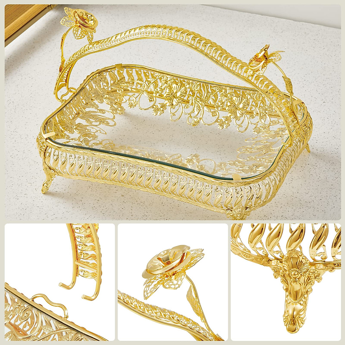 MNZJIA Fruit Basket Gold Fruit Bowl Fruit Basket Moiuhtu Fruit Stand For Countertop Party Wedding Decoration Snack Fruit Plate(Rectangle)