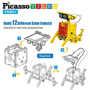 PicassoTiles STEM Kids Solar Powered Transformer Robot Educational Learning Engineering Building Toy 12-in-1 Creative Unique Transformation Renewable Energy Science Experiment DIY Kit Boy Girl Age 8+