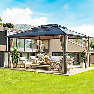 YOLENY 12'x16' Hardtop Gazebo, Outdoor Polycarbonate Double Roof Canopy, Aluminum Frame Permanent Pavilion with Curtains and Netting, Sunshade for Garden, Patio, Lawns