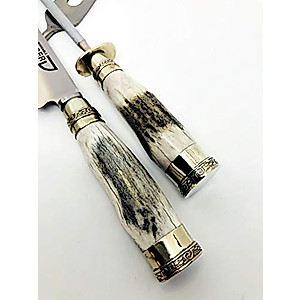 Carving set with deer handle and double nickel silver and steel ferrule in a wooden box with a glass lid