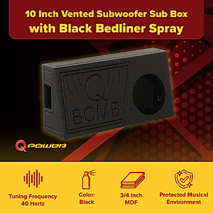 Q Power QBomb Single 10 Inch Vented Subwoofer Sub Box with Black Bedliner Spray