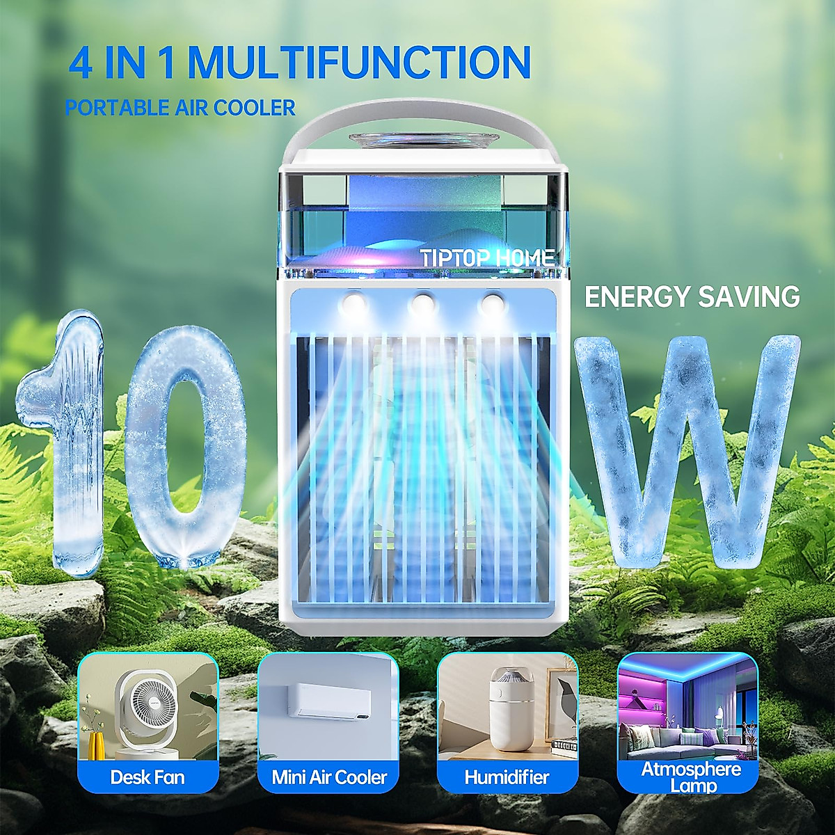 Portable Air Conditioners, 4 in 1 Rechargeable Mini Air Conditioner Evaporative Personal Cooler Humidifier with App Control, 800ML Mini AC Desktop Cooling Fan for Office Tent Bedroom