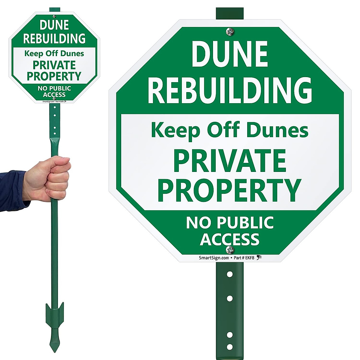SmartSign 10" x 10" 'Dune Rebuilding Keep Off Dunes, Private Property, No Public Access' LawnBoss Yard Sign with 3 ft Stake, 40 mil Laminated Aluminum, Green/White, Set of 1, USA-Made
