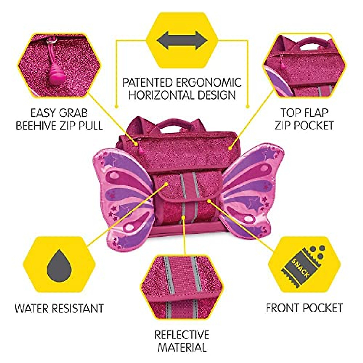 Bixbee Personalized Toddler Backpack, Ruby Raspberry Sparkly Butterfly Bookbag for Kids & Toddlers Ages 3-5 | Custom Backpack with Name for Boys & Girls | Water Resistant Monogrammed School Bag