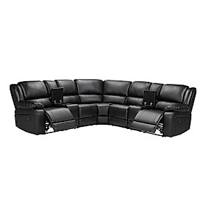 LCH Modern Upholstered L-Shape Sectional Sofa Reclining, PU Leather Extra Wide Lounge Couch with 2 Consoles,4 Cup Holders and Storage,Fabric Sofá for Living Room Apartment, Black Large