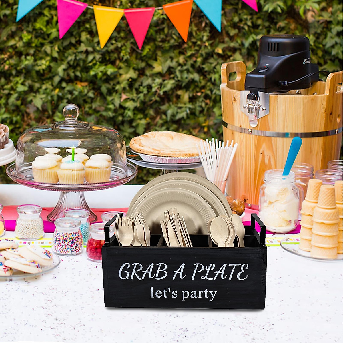 Paper Plate Holder, Utensil Caddy Organizer, Wood Paper Plate Dispenser, Silverware Caddy Holder, and Disposable Coffee Bar Accessories Box for Kitchen Counter, Party, Camping, Picnic (4 Compartment)