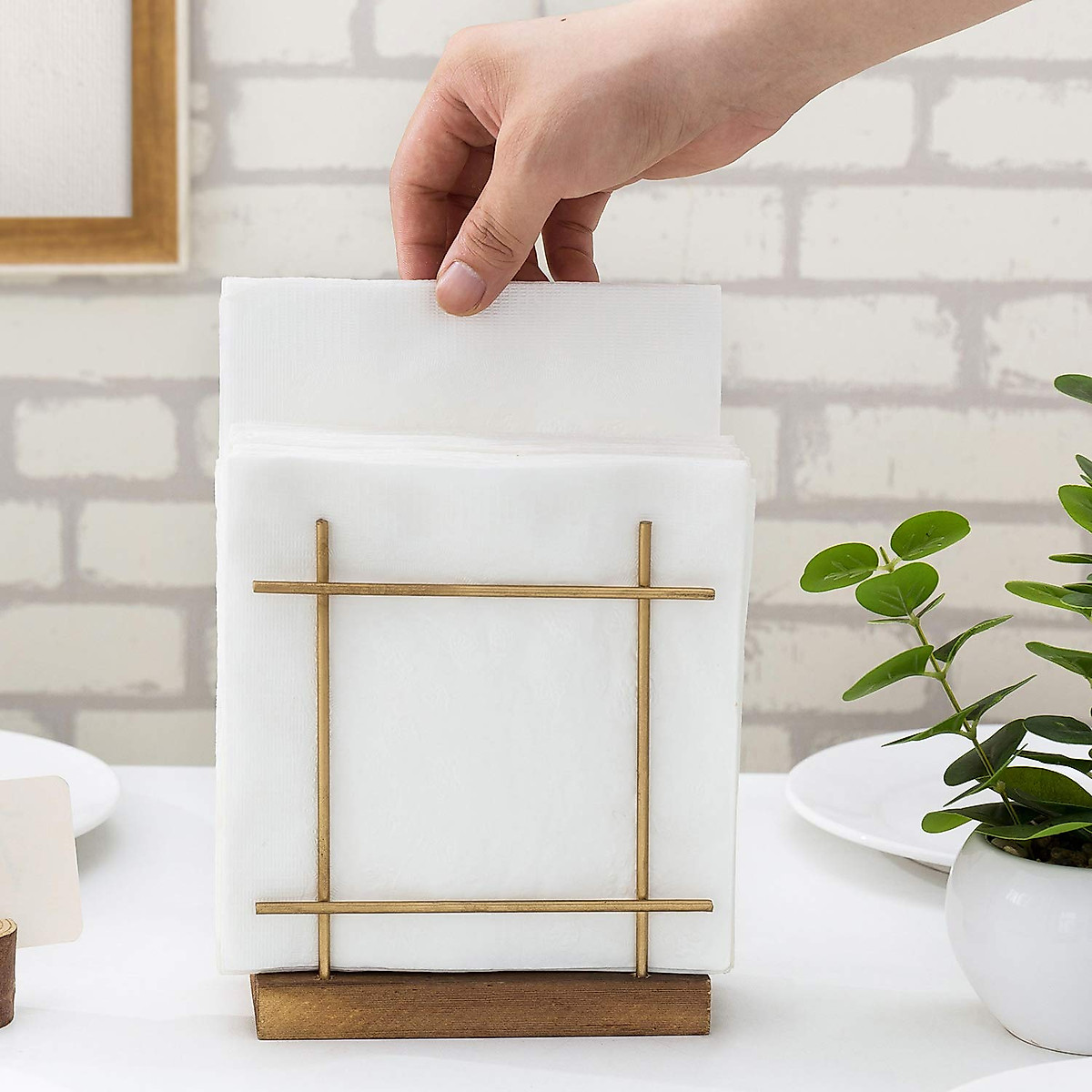 MyGift Contemporary Brass-Tone Wire Metal Upright Napkin Holder with Rustic Burnt Brown Wood Base, Decorative Kitchen Table Dining Napkin Holder