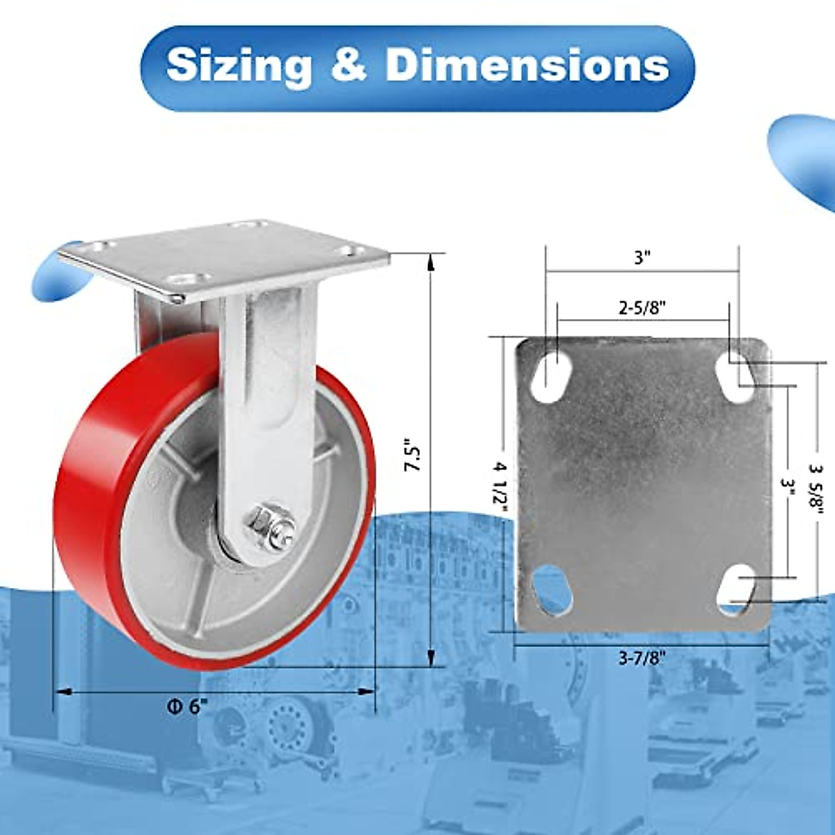 6 Inch Industrial Fix Casters Heavy Duty No Noise Polyurethane Wheel on Steel Hub, 1200 Lbs Load Capacity Per Rigid Casters for Utility Cart, Dollies (2 Pack)
