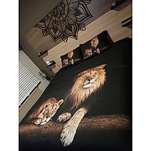 Holiyjog Lion Duvet/Quilt Cover Sets Black Linens Bed Pillow Shams King Queen Twin Full Size Boys Kids Animal Bed Set Home Textile (Queen, 004)