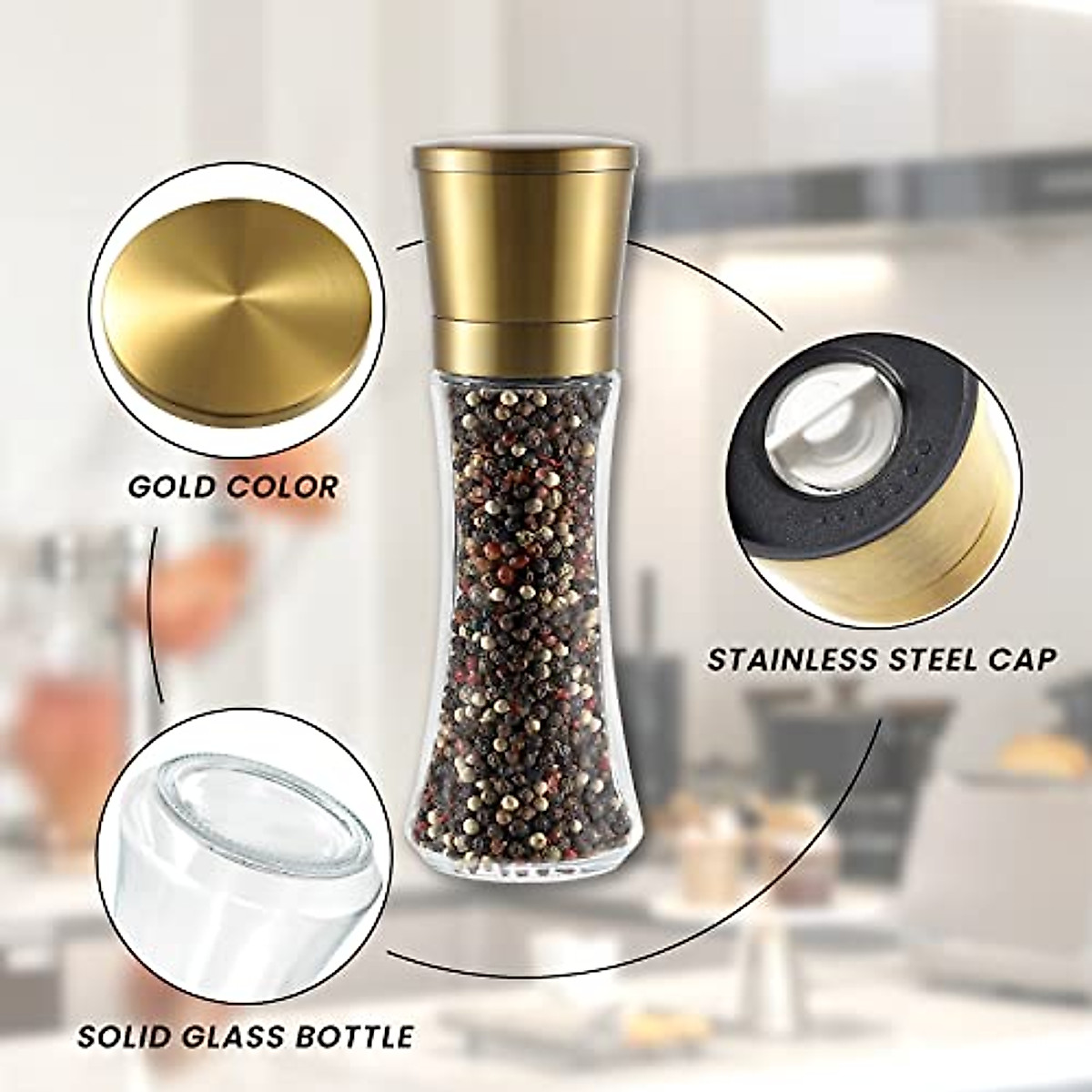 VEVOK CHEF Gold Salt and Pepper Grinder Mill Set Stainless Steel Pepper Shaker Adjustable Ceramic Coarseness Salt Grinder Black Pepper Spice Grinder Mill