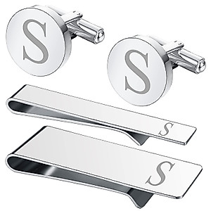 BodyJ4You 4PC Cufflinks, Tie Bar, Money Clip - Initial S Engraving Alphabet Letter - Mirror Polished Metallic Steel Jewelry Set - Men's Cuff Links Shirt Formal Suit - Fathers Day Wedding Groom