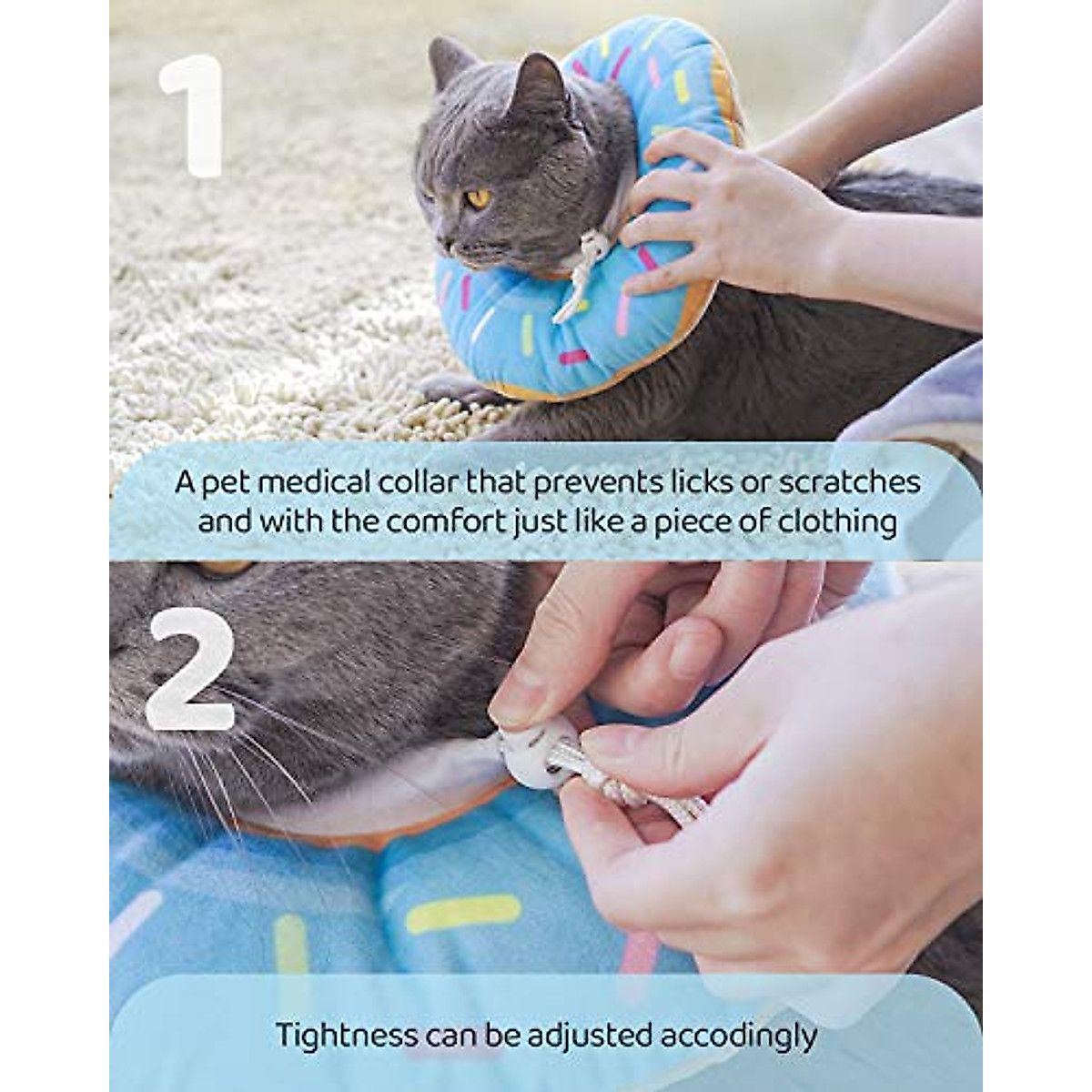 Woiworco Adjustable Cat Recovery Cones, Soft Cone for Cats, Cute Cat Donut Collar, Wound Healing Protective Cone After Surgery Elizabethan Collars for Kitten Pets(M, Blue),