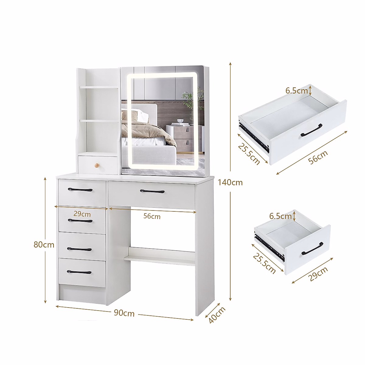 Kkonetoy White Vanity Desk with Lights, Makeup Desk Vanity Set with Sliding Mirror and 5 Drawers, Modern Makeup Vanity Dressing Table with Cushioned Stool for Girls Bedroom Dresser, 30560704LED