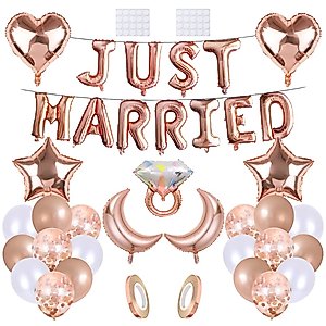 Maigendoo Wedding Balloons Set Just Married Banner Heart Star Moon Foil Mylar Balloon Diamond Balloon Confetti Balloon Latex Balloons Kit for Bridal Shower Wedding Engagement Party Decorations