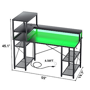 Cyclysio 55 inch Gaming Desk with LED Light, Reversibel Computer Desk with 7-Tier Storage Shelves, Home Office Desk with Power Outlets, Computer Gaming Desk with Monitor Stand for Small Space, Black