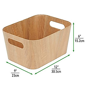 mDesign Wood Print Food Bin Box with Handles - Rustic Basket for Kitchen and Pantry Vegetable and Potato Storage - Perfect for Garlic, Onions, Fruit, and More - 12" Long - 2 Pack - Natural