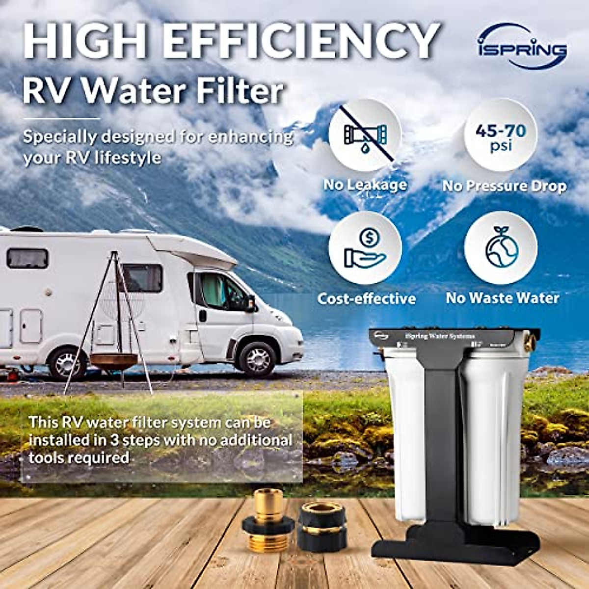 iSpring CW21 2-Stage Water Filtration System for RVs, Leak-Free Brass Fittings, Reduces Odor, Color, Chlorine, Sediment for RVs, Tankless, High Capacity, BPA Free