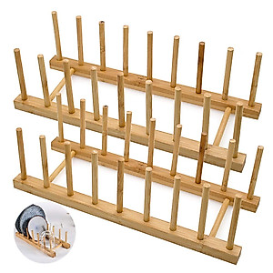 LZYMSZ Set of 2 Bamboo Wooden Dish Rack, Plate Rack Stand Pot Lid Holder, Kitchen Cabinet Organizer for Bowl, Cup, Cutting Board and More