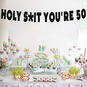 Holy S**t You’re 50! Banner Glitter Black Hallo Fiftieth Cheers to 50 Years Old Theme Backdrop Decor for Man Woman Happy 50th Birthday Party Decorations Photo Studio Prop Flag Favors Supplies