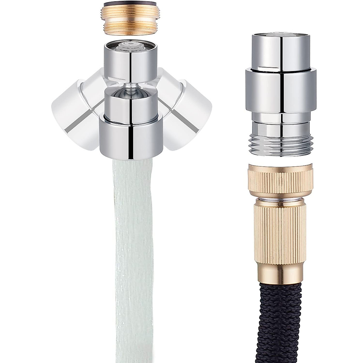 Hibbent 2 in 1 Faucet Aerator with Adapter, Connect to Garden Hose/Other 3/4 Inch Thread Hose, Big Angle Swivel Kitchen Sink Faucet Aerator with Movable Lid to Cover the Thread-Polished Chrome