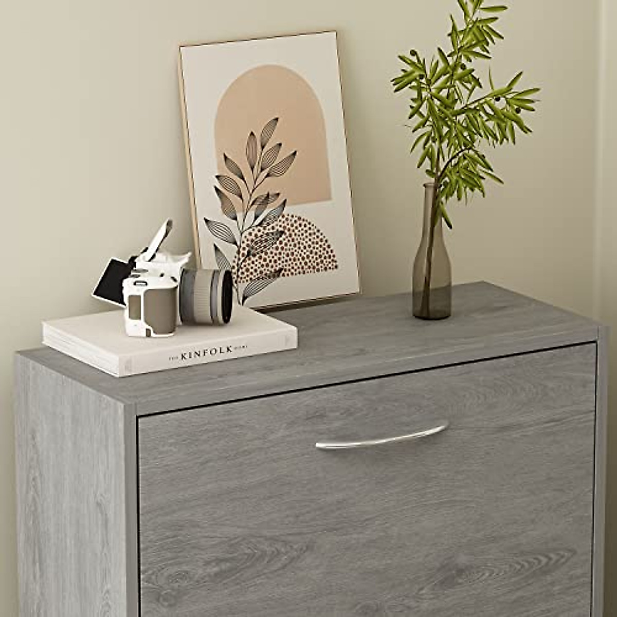 Hitow Shoe Cabinet Freestanding Tipping Bucket Shoe Storage Cabinet with 3 Flip Drawers, Modern Entryway Shoe Rack Storage Organizer, Narrow Slim Hidden Shoe Organizer with Drawers, Grey