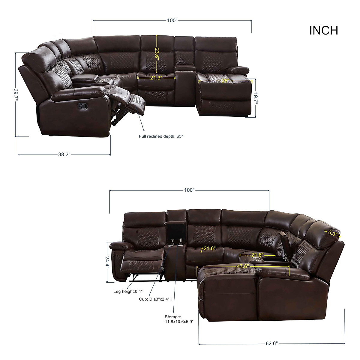 Tulib L Shape Manual Sectional Sofa with 4 Cup Holders and Storage Box, PU Leather Symmertrical Reclining Couch w/Console & Chaise, 5 Seater Furniture Set, for Theater, Living Room, Guestroom, Brown